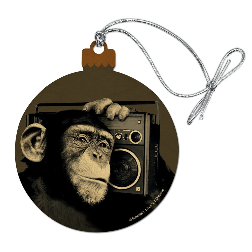 Chimp Monkey With Boombox Radio Wood Christmas Tree Holiday Ornament ...