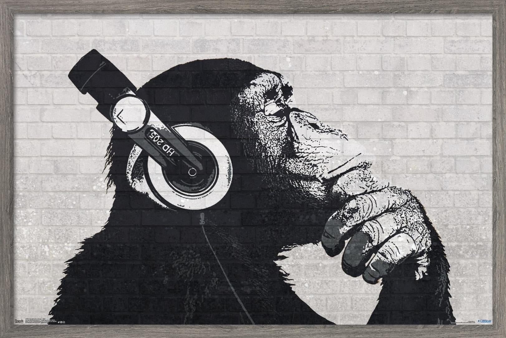 Chimp with Headphones on Wall Wall Poster, 14.725" x 22.375", Framed ...
