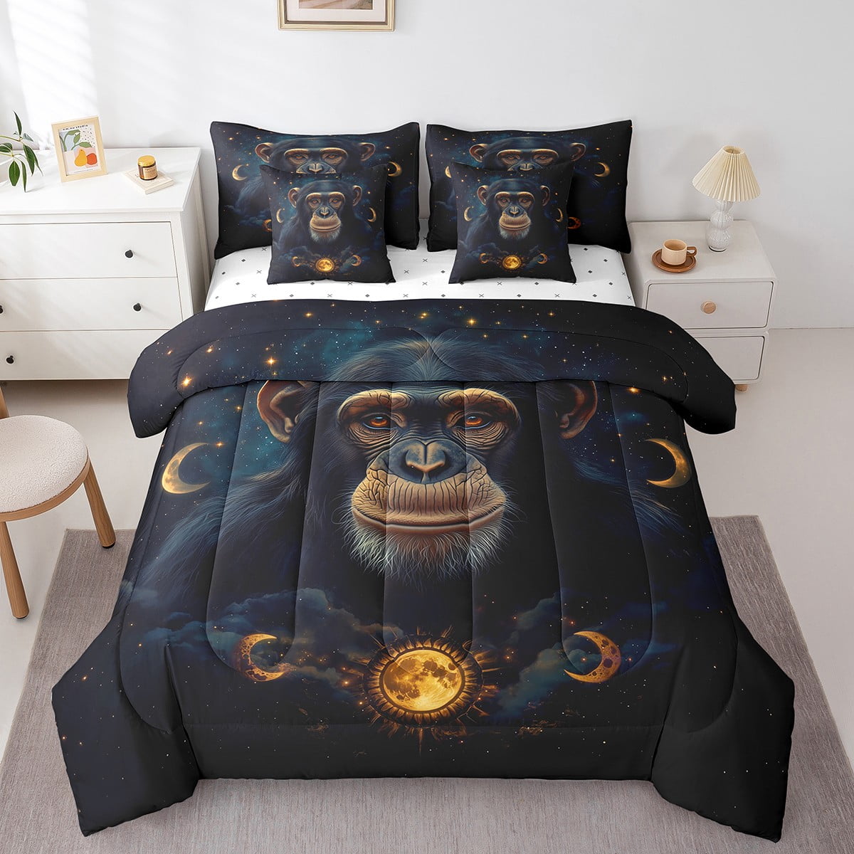 Chimpanzee 7 Piece Comforter Set Full Bed in a Bag,Boho Sun and Moon ...