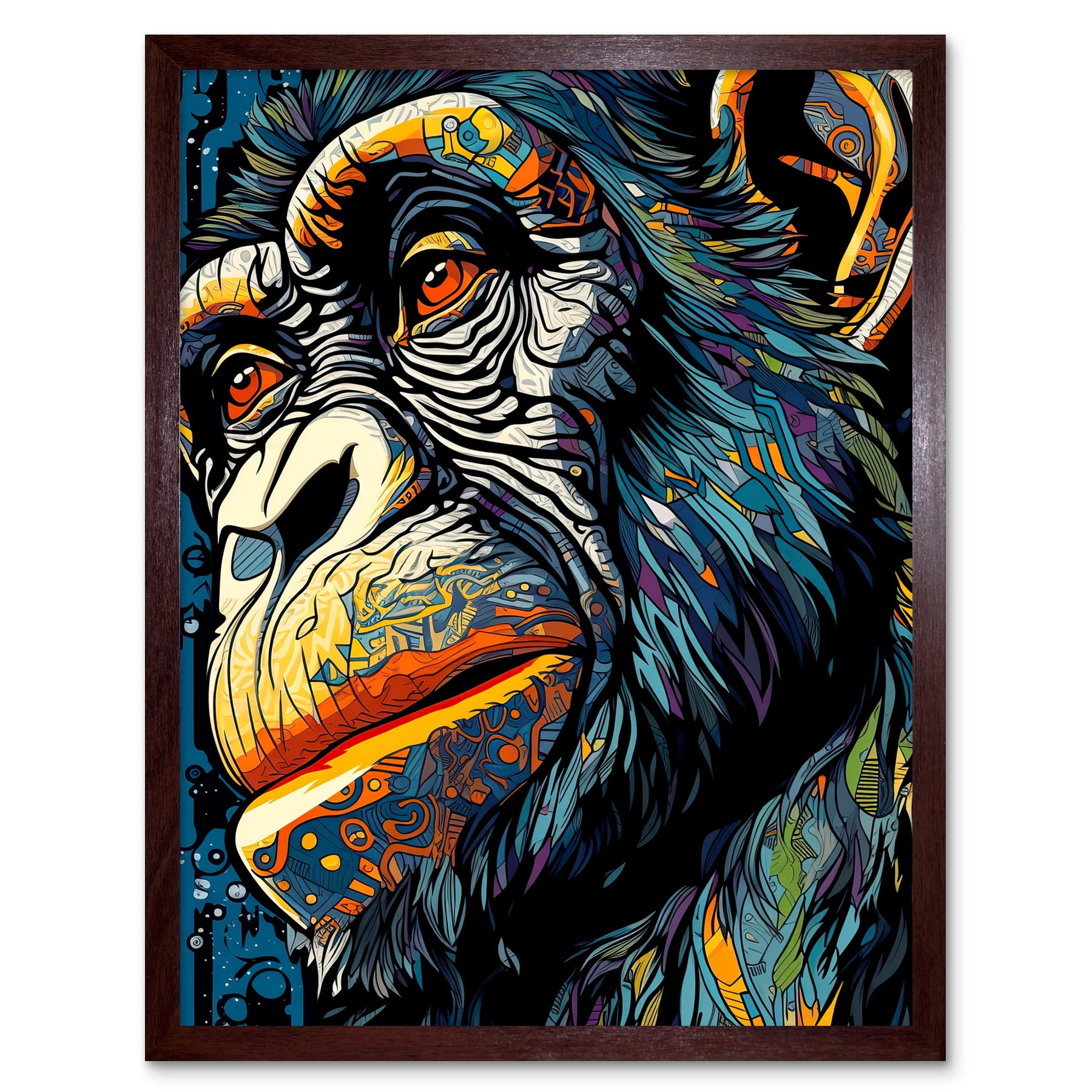 Chimpanzee Acrylic Painting Vibrant Blue Orange Green Pattern Portrait ...