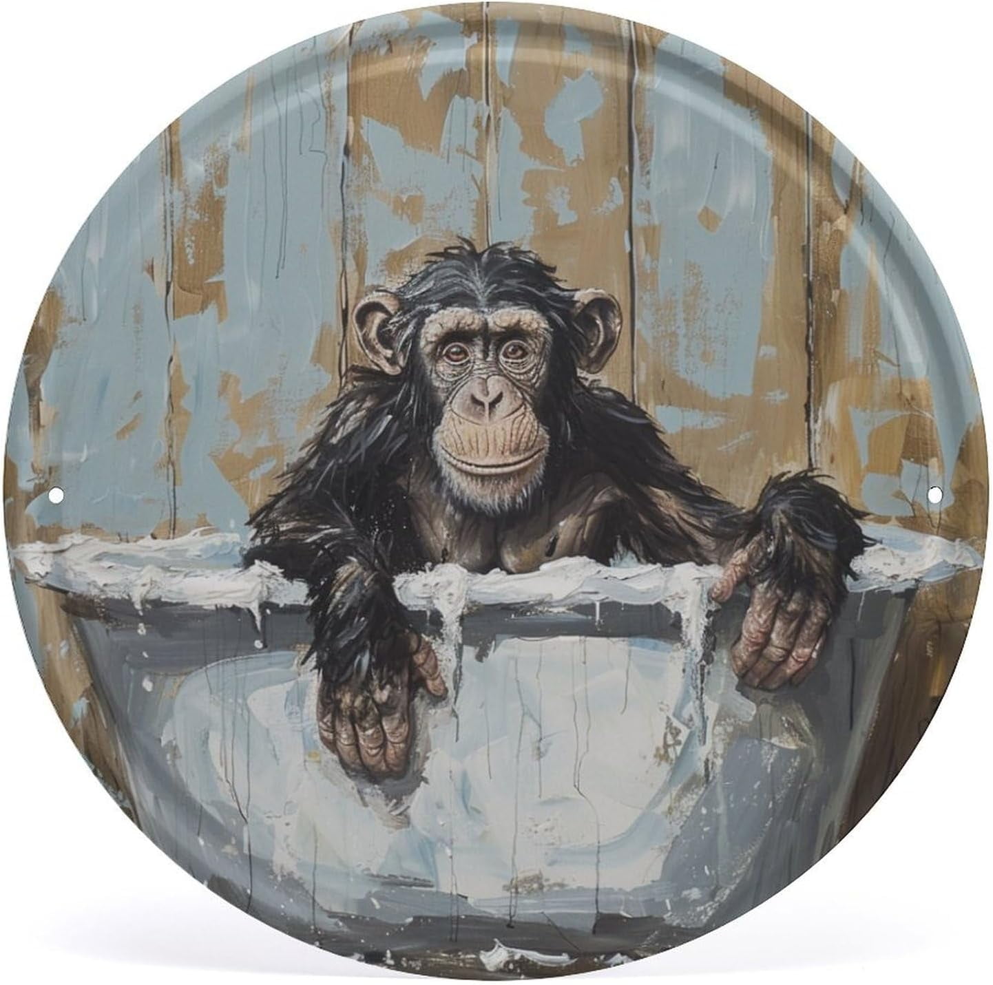 Chimpanzee in Bathtub Round Aluminum Sign Black And White Animal Tin ...