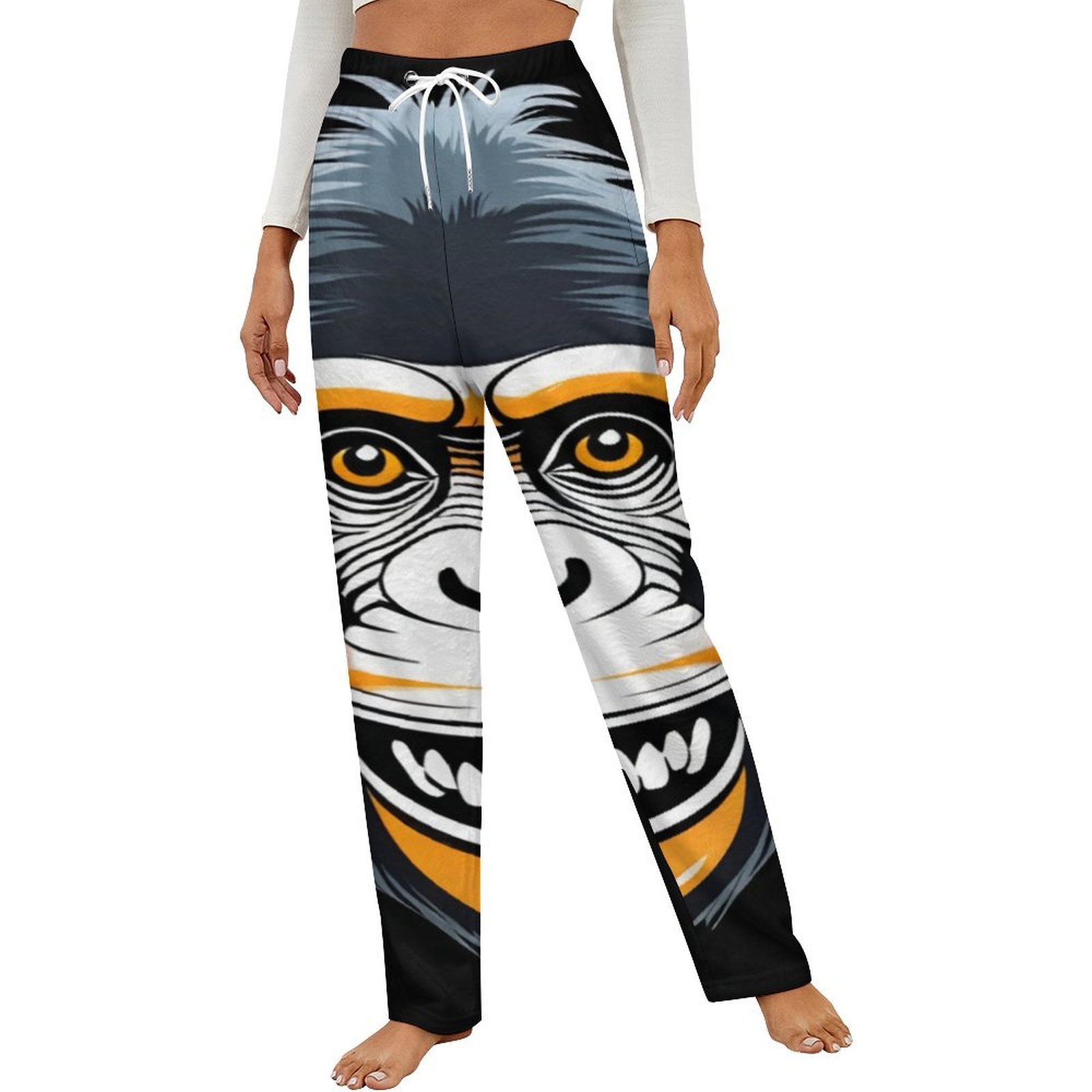 Chimpanzee Face Art Print Winter Female Pants Flannel High Waist Women ...