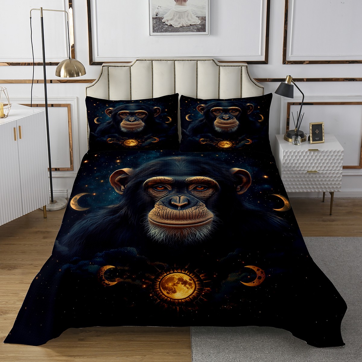 Chimpanzee Quilt Set Boho Sun and Moon Galaxy Coverlet Set,Woodland ...