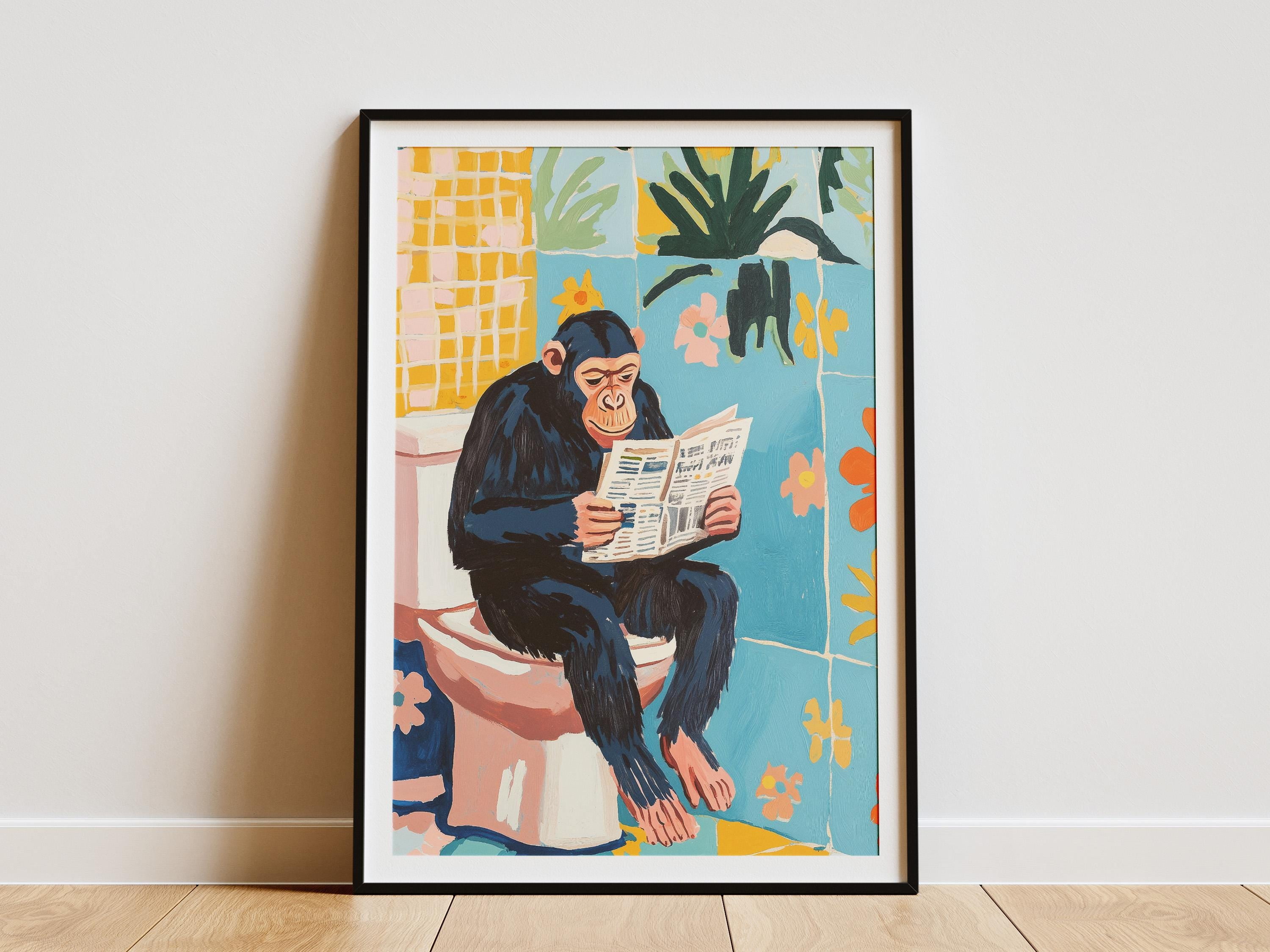 Chimpanzee Reading Newspaper on Toilet Bathroom Poster Print Funny ...