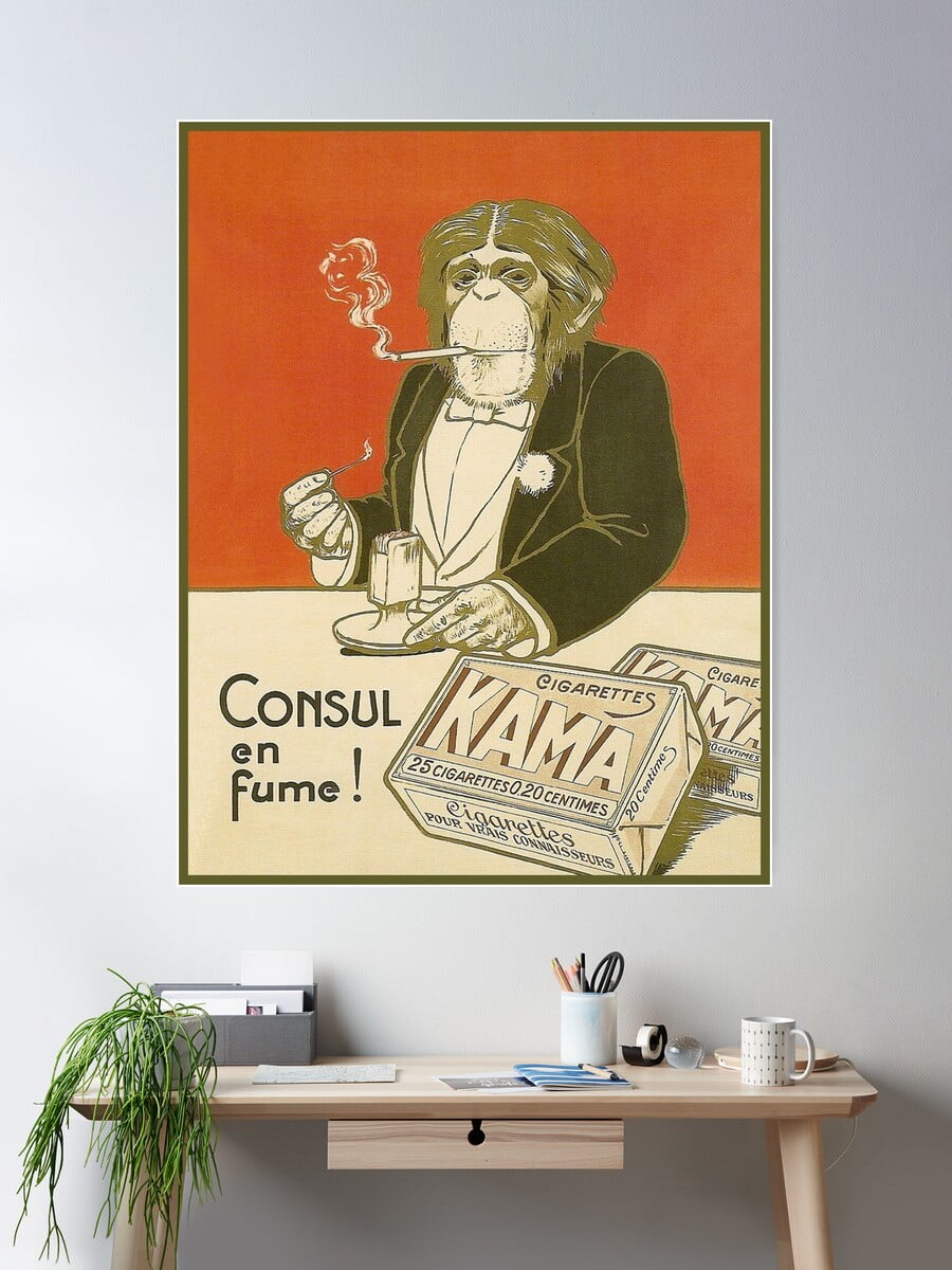 Chimpanzee Smoking A Cigarette Vintage Poster Poster Wall Art, Modern ...