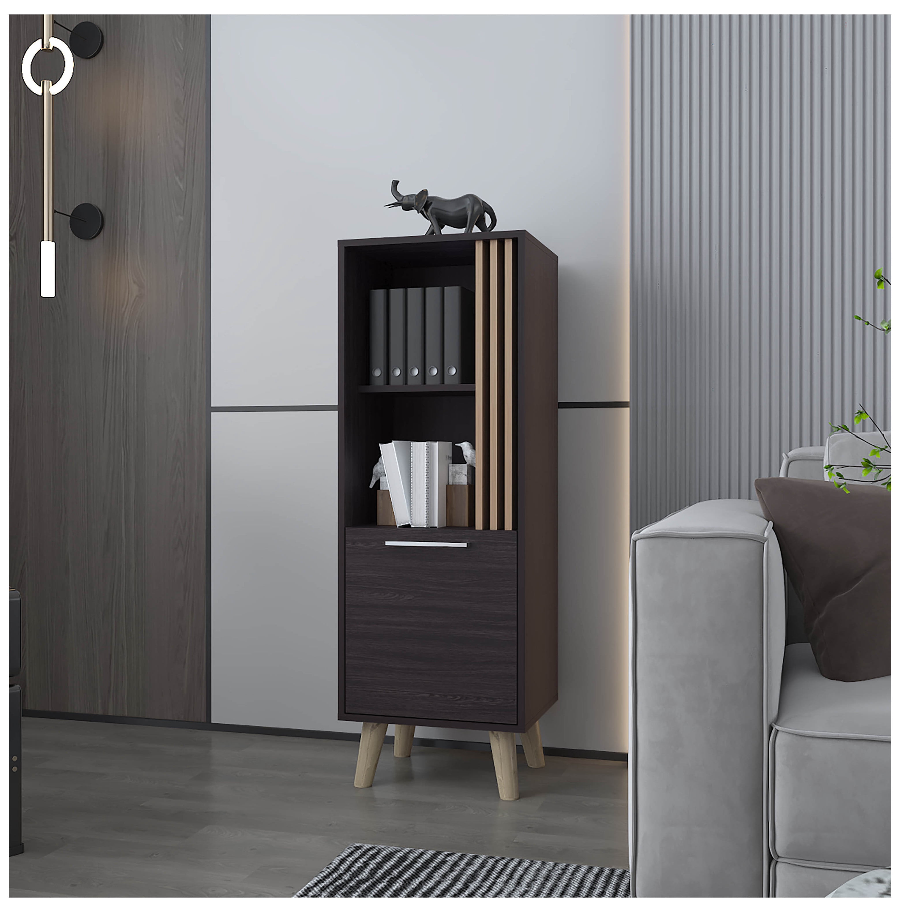 Chin Storage Cabinet with a Door and Open Storage, Wengue + Natural Oak ...
