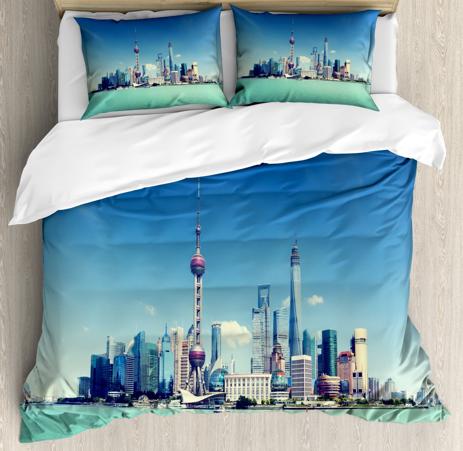 China Cityscape Duvet Cover Set Queen Size, Shanghai Skyline Pudong ...