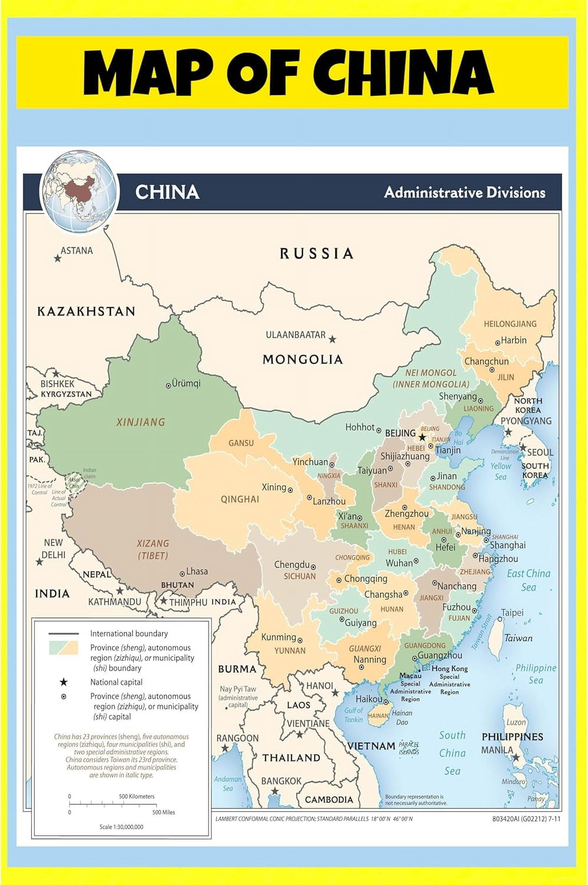 China Map Poster - Laminated Wall Map - Style A - 18x24 - Ideal for ...