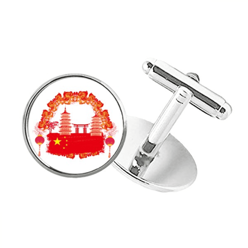 China Red National Flag Tower Lanttern Round Button Cuff Clip Stud ...