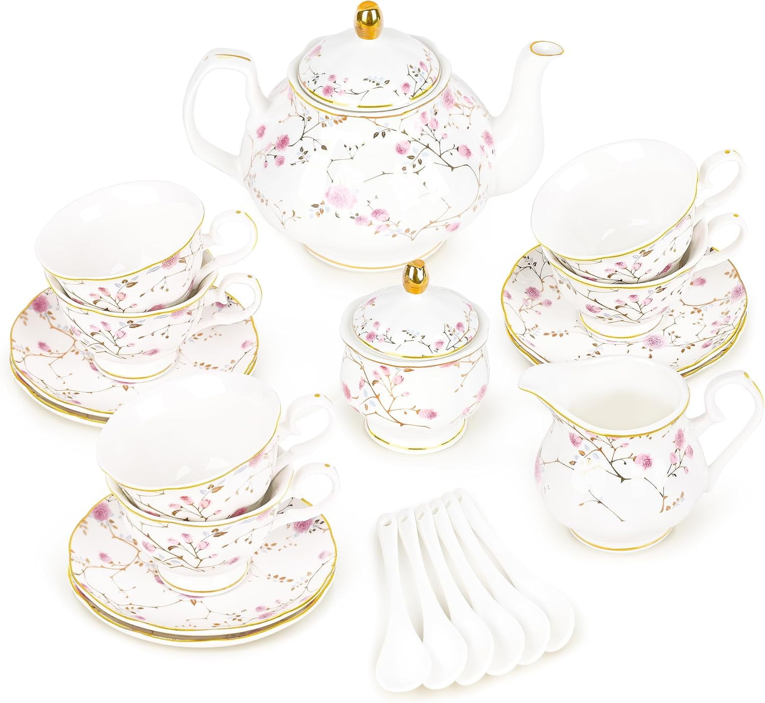 21-Piece Gold Vine Floral Porcelain Tea Sets with Sugar Bowl Creamer Teacups, English Bone China ...