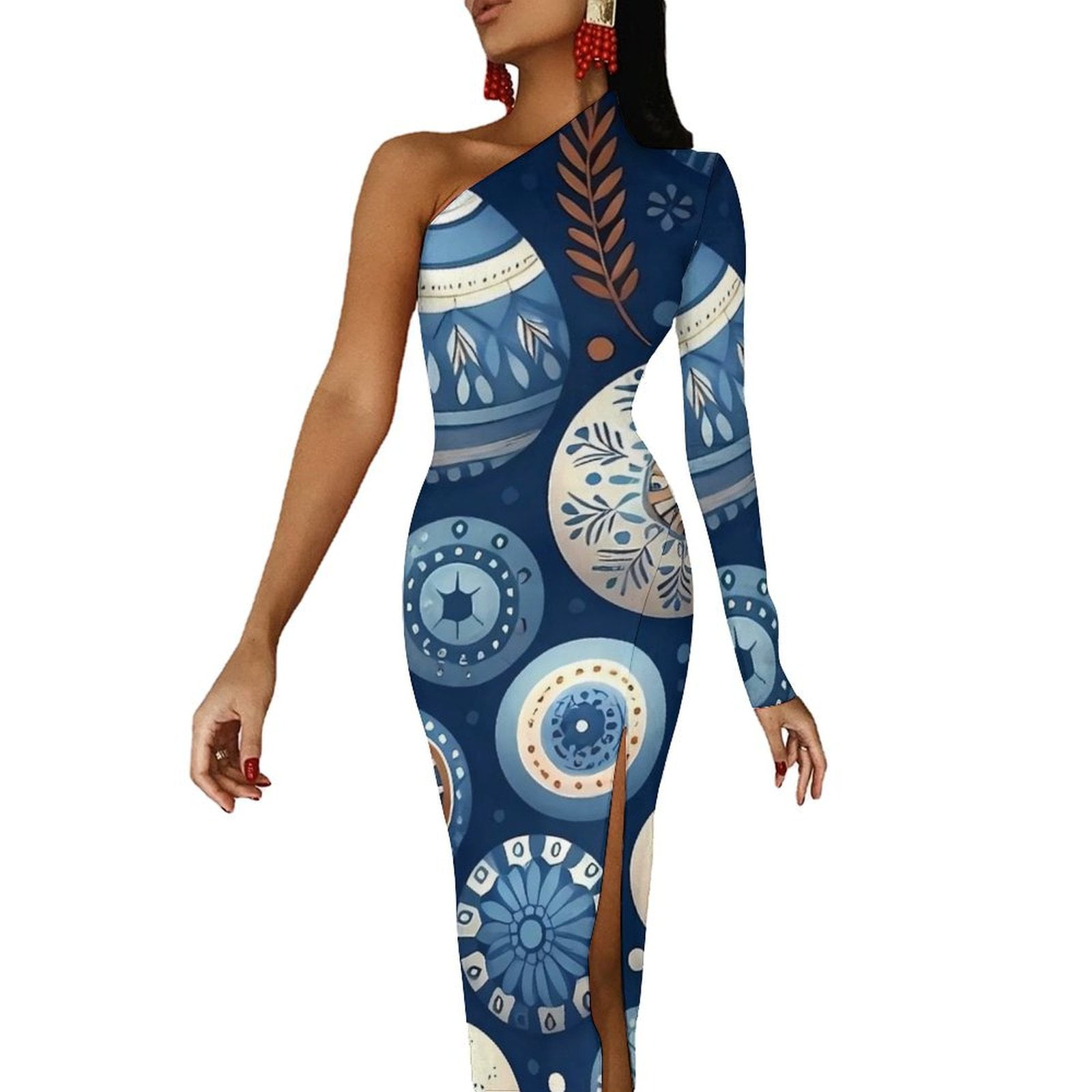 China White Folk Art Maxi Dress One Shoulder Retro Floral Streetwear ...