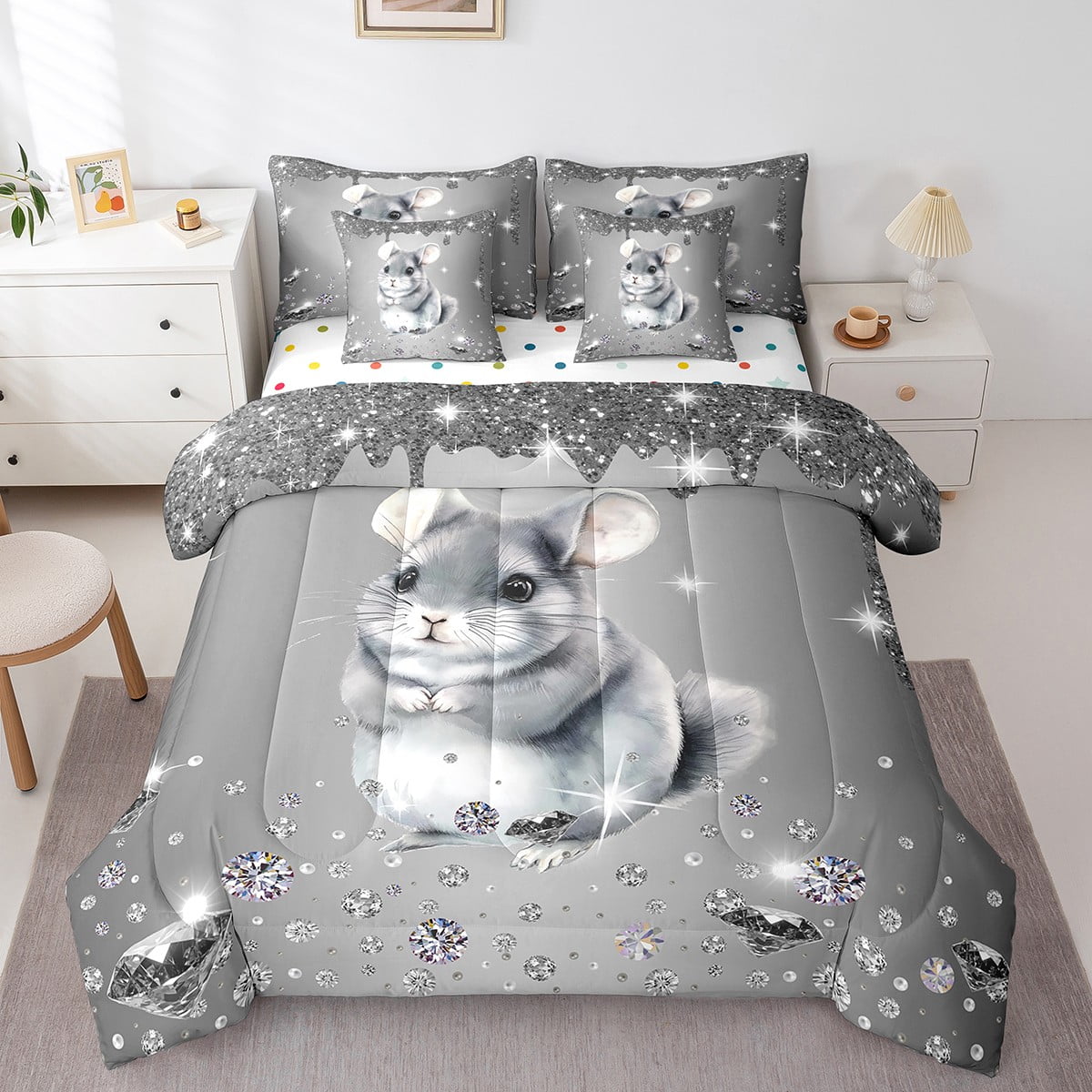 Chinchilla 7 Piece Comforter Set Full Bed in a Bag,Sliver Sequin Fluid ...