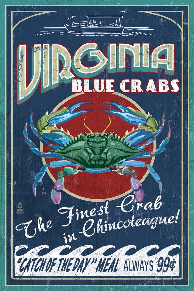 Chincoteague, Virginia, Blue Crab Vintage Sign (16x24 Giclee Gallery ...