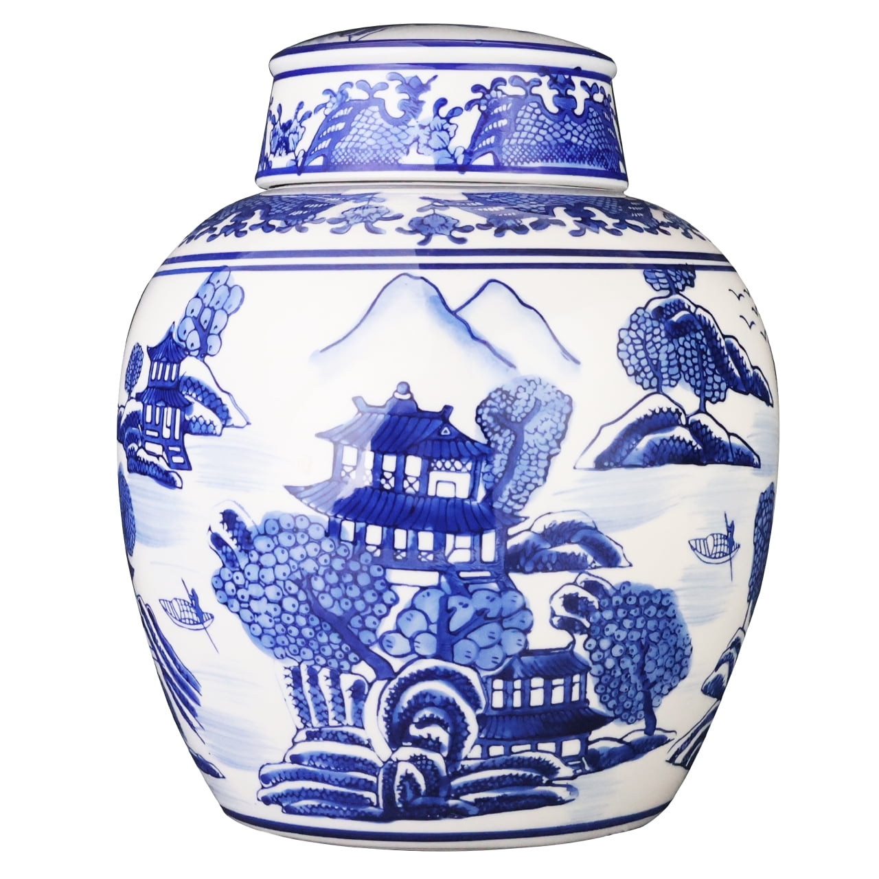 Chinese 9" Ginger Jar In Export Blue and White Porcelain Landscape ...