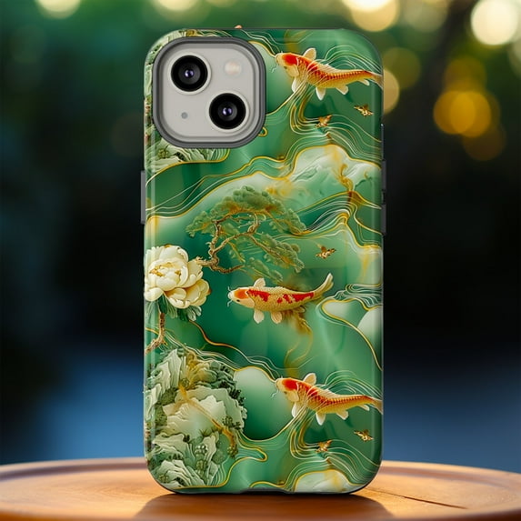 Chinese Art Koi Green Marble Pond Landscape iPhone Case 17 16 15 14 13 ...