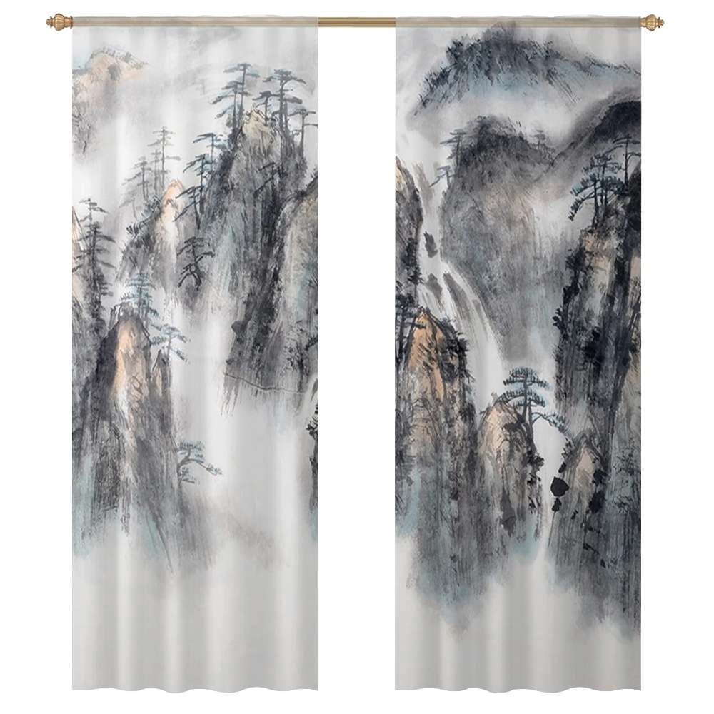 Chinese Art Mountain And River Ink Painting Sheer Voile Curtain Window ...