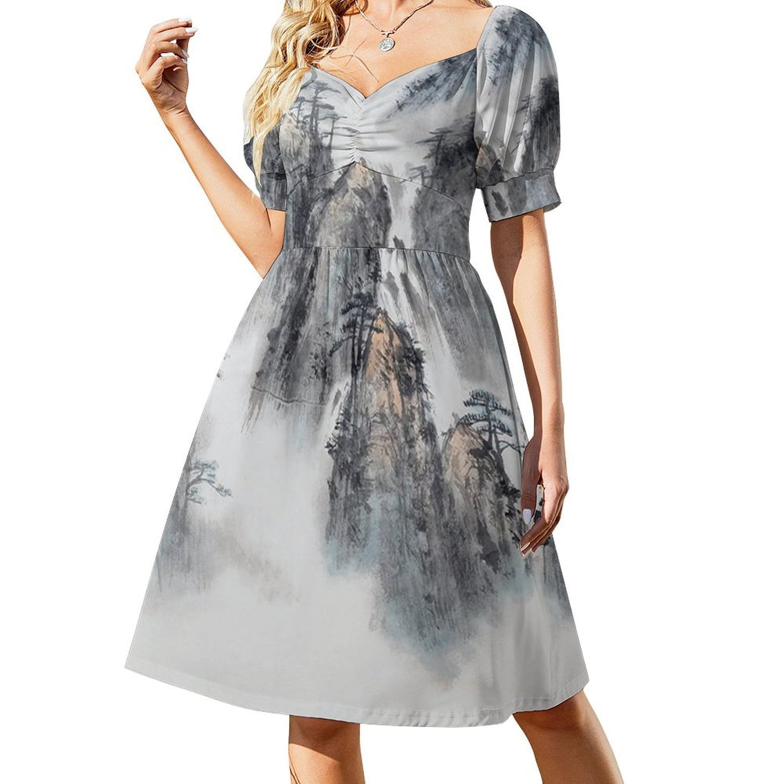 Chinese Art Mountain And River Ink Painting Short Sleeve Dress Clothes ...