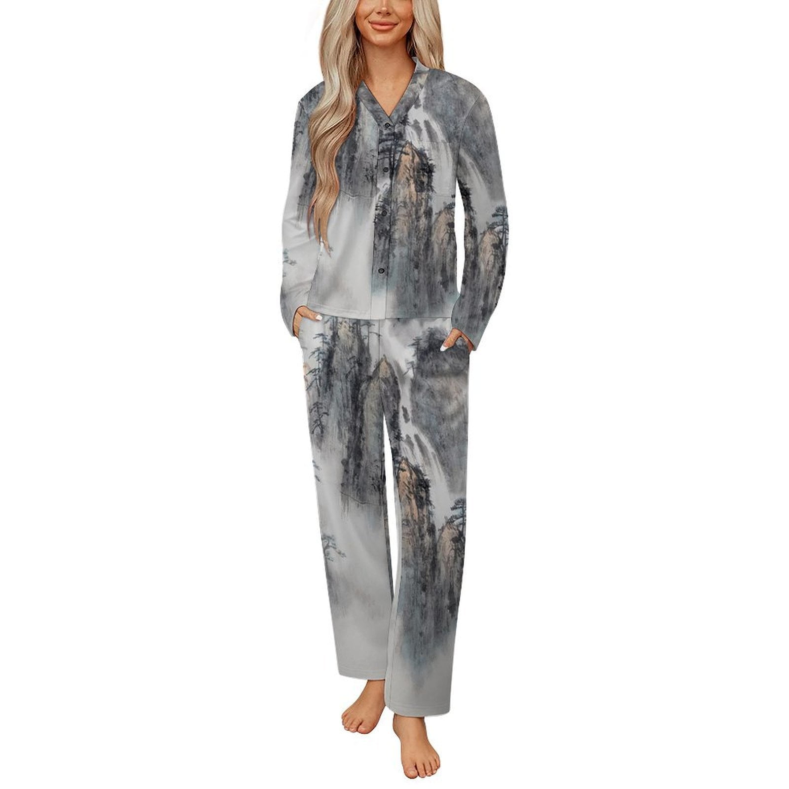Chinese Art Mountain And River Ink Painting Womens Pyjamas Set Button ...