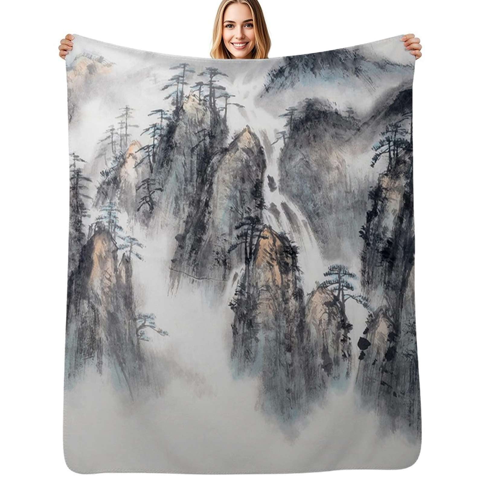 Chinese Art Mountain and River Ink Painting Flannel Blankets Soft Warm ...