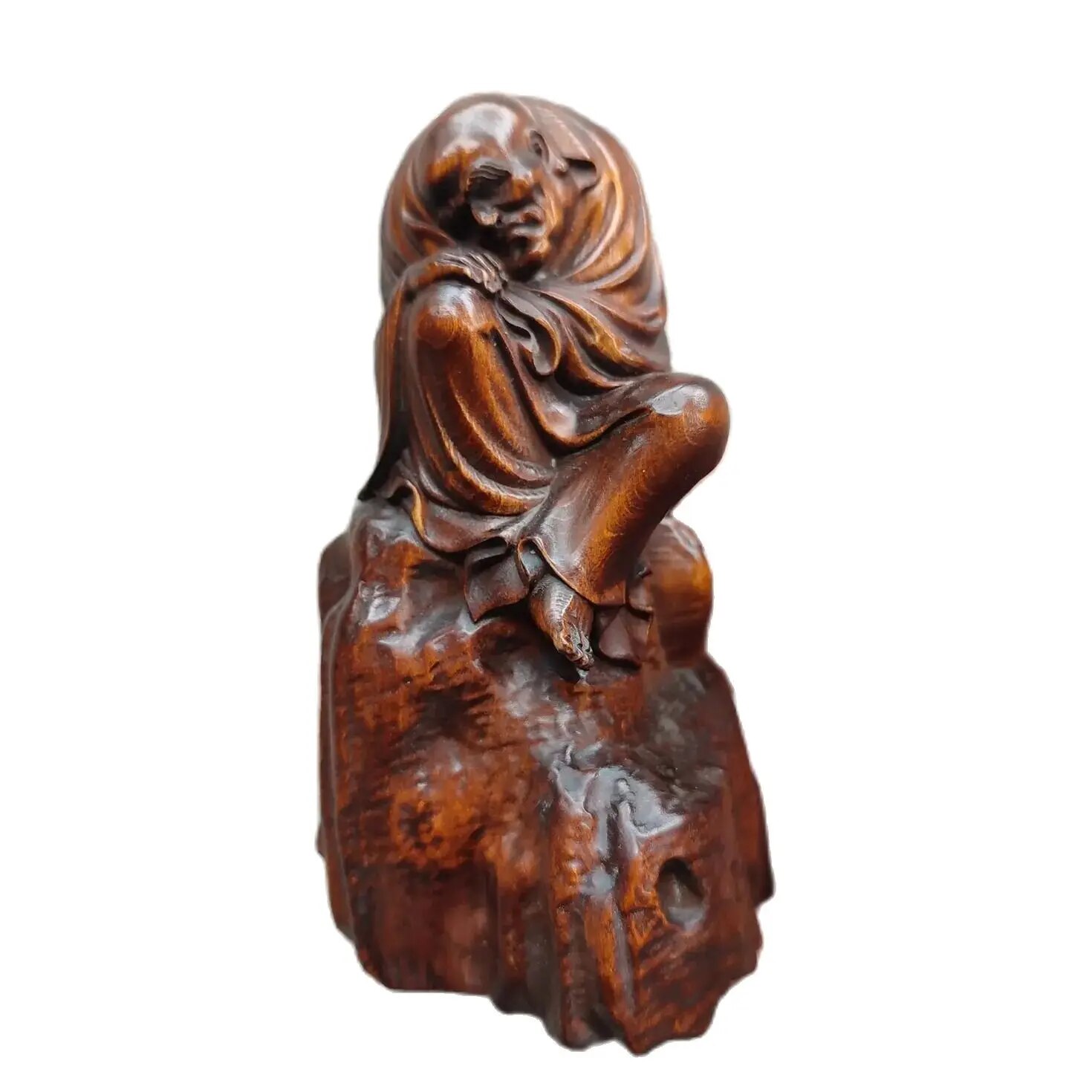 Chinese Boxwood Carving Monk Wooden Buddha Statue Figurine Dharma Art ...