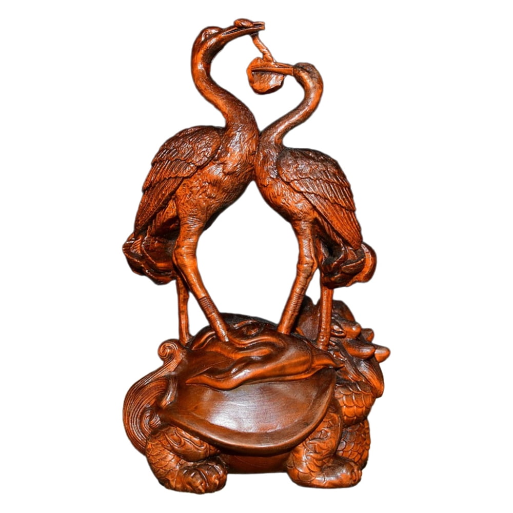 Chinese Boxwood Carving Wooden Turtle Crane Sculpture Longevity ...