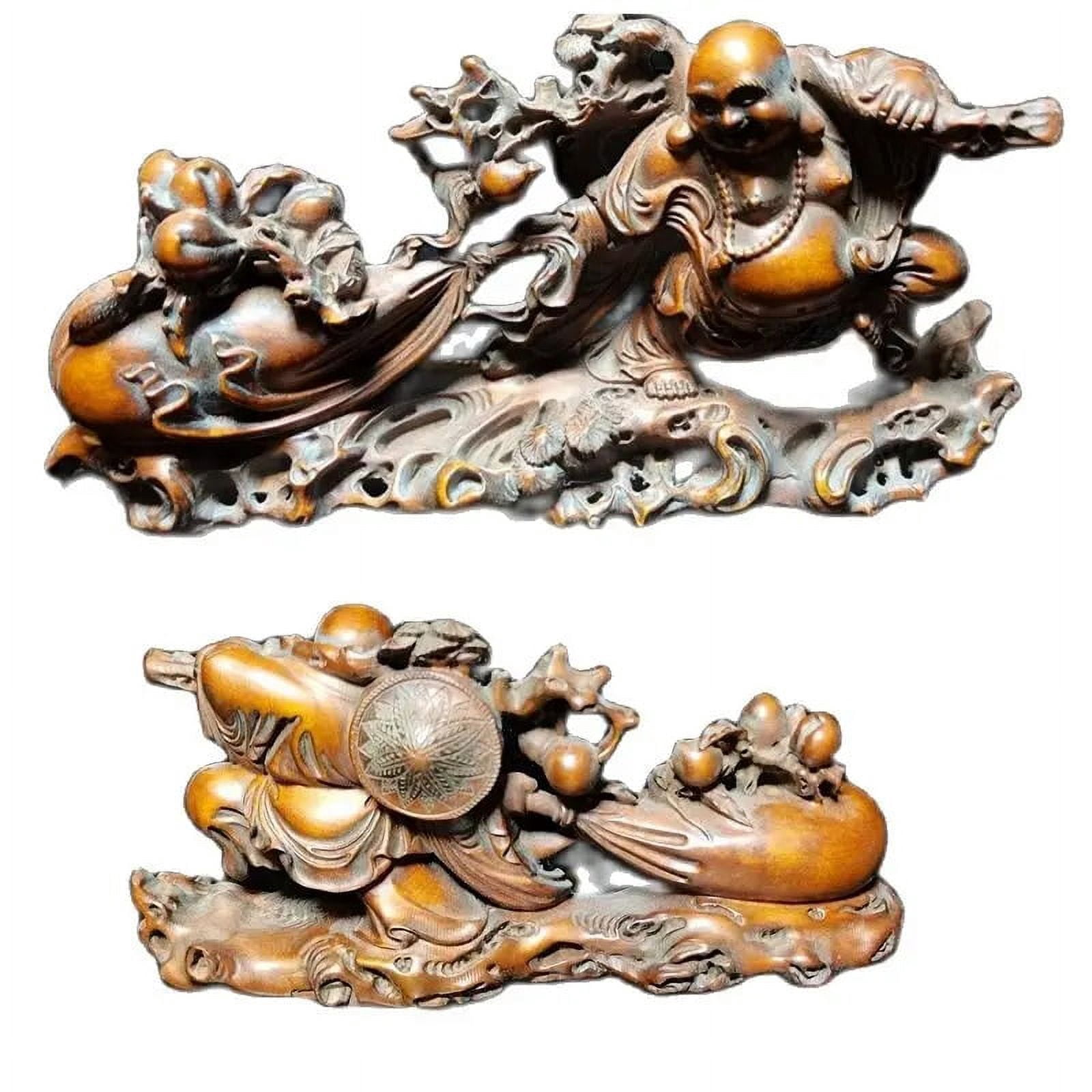 Chinese Boxwood Wooden Statue Statuette Laughing Buddha Decor Sculpture ...