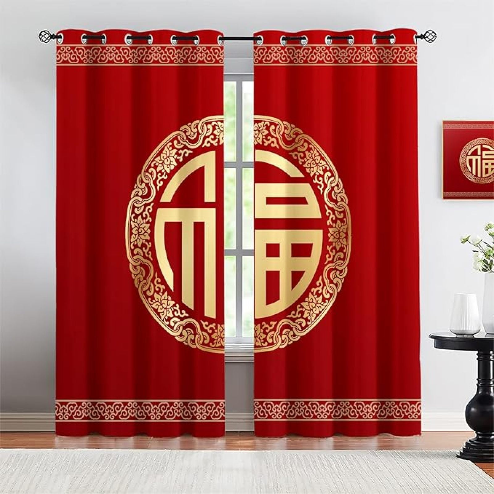 Chinese Character Jinfu Blackout Curtains, Red Gold Bohemian Pattern 3D ...