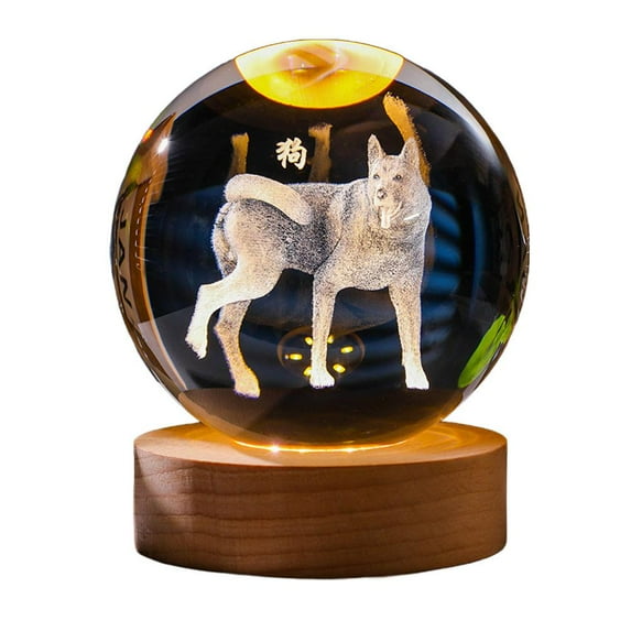 Chinese Crystal Ball Night Light with Wood Base - Dragon, Horse, Monkey ...