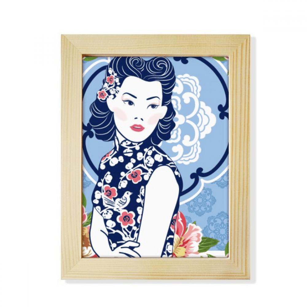 Chinese Culture Blue Flower Woman Desktop Adorn Photo Frame Display Art ...