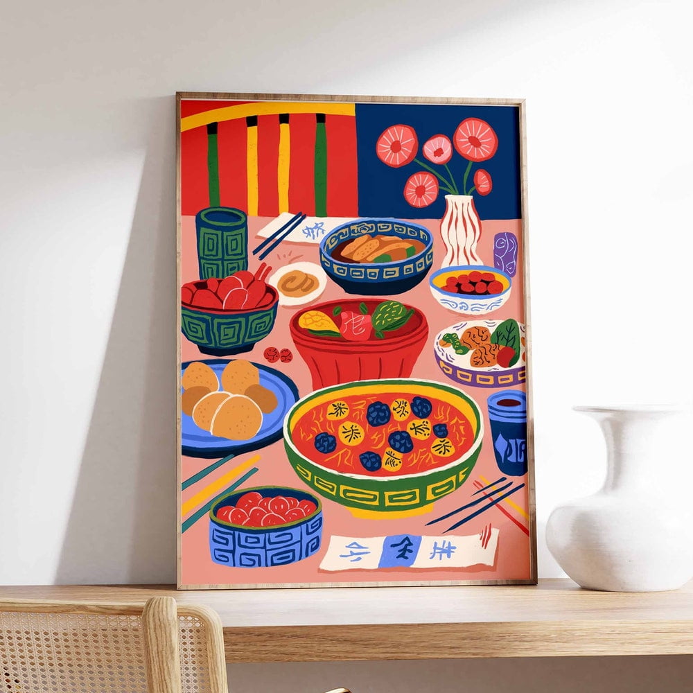 Chinese Dinner Table Food Illustration Wall Art UNFRAMED PAPER POSTER ...