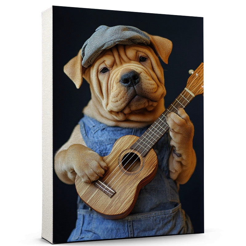 Chinese Dog Playing Ukelele Stretched Canvas Size 8x12 – Vintage Style ...