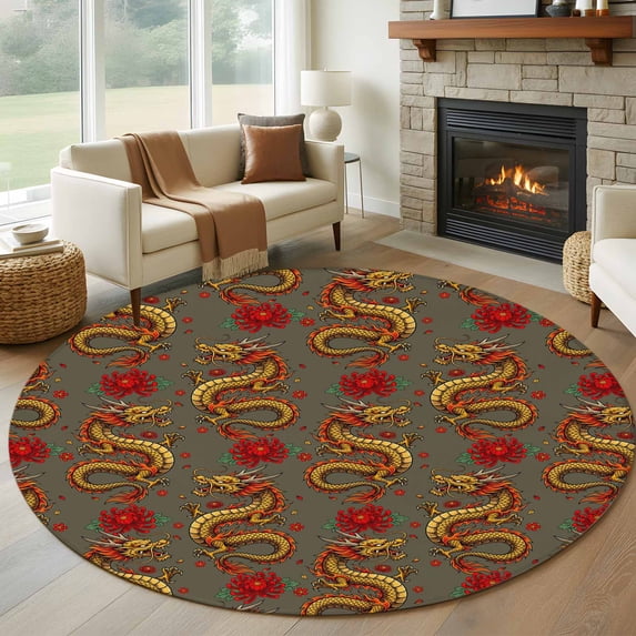 Chinese Dragon 7FT Round Area Rugs for Living Room Retro Red Flower ...