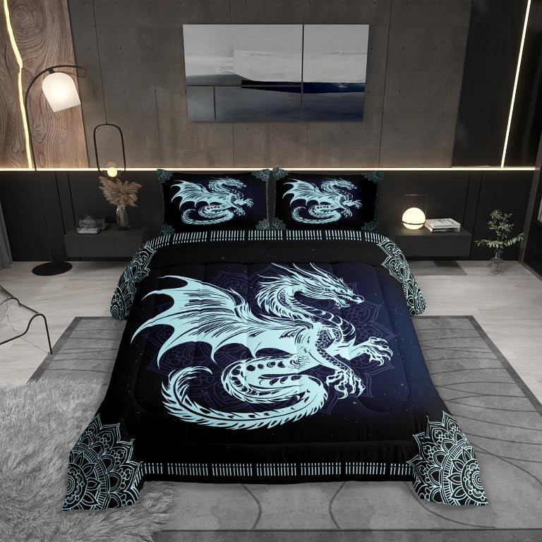 Chinese Dragon Boho Comforter Set Toddler Size,Tribal Bohemian Teal ...
