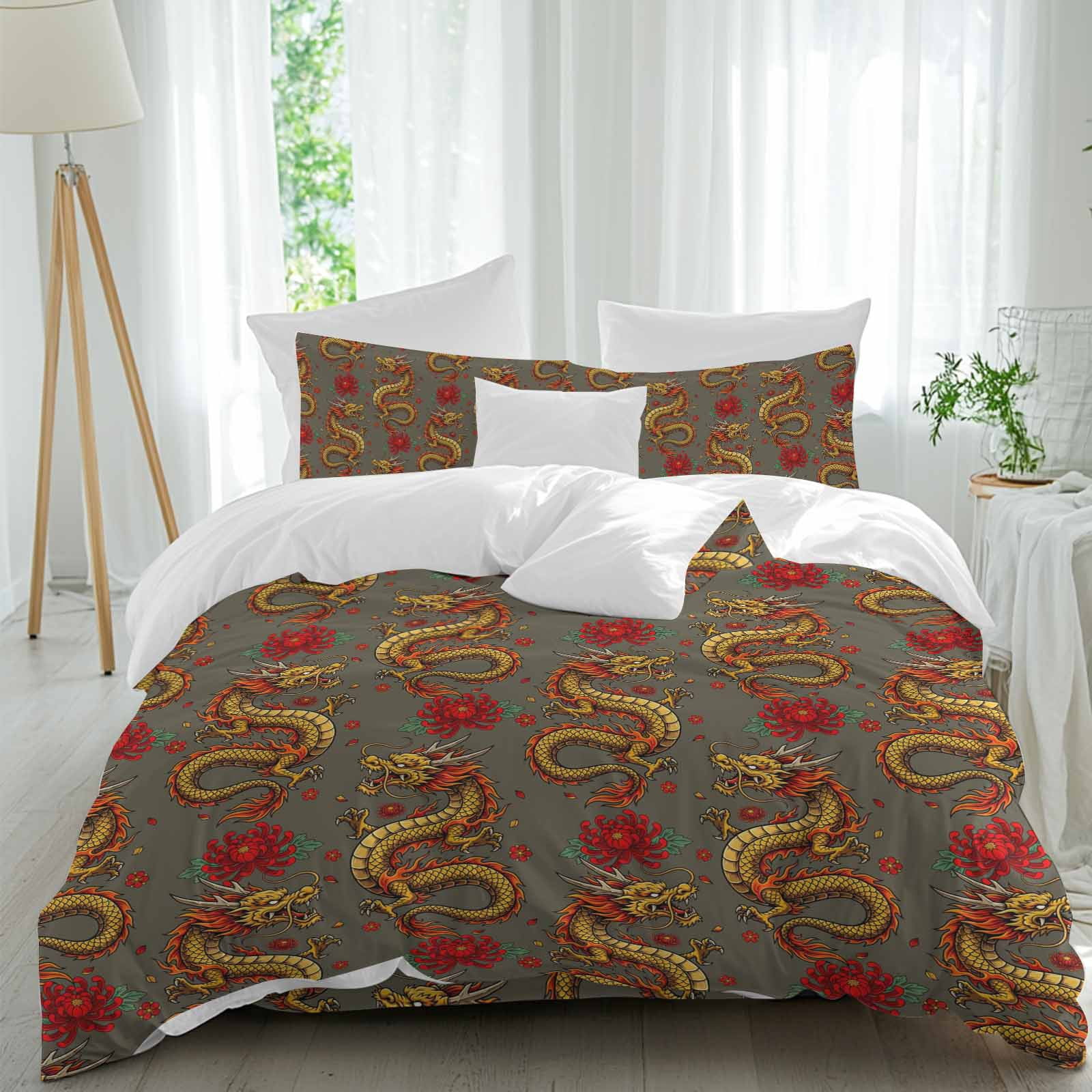 Chinese Dragon Comforter Set California King Size, Retro Red Flower ...