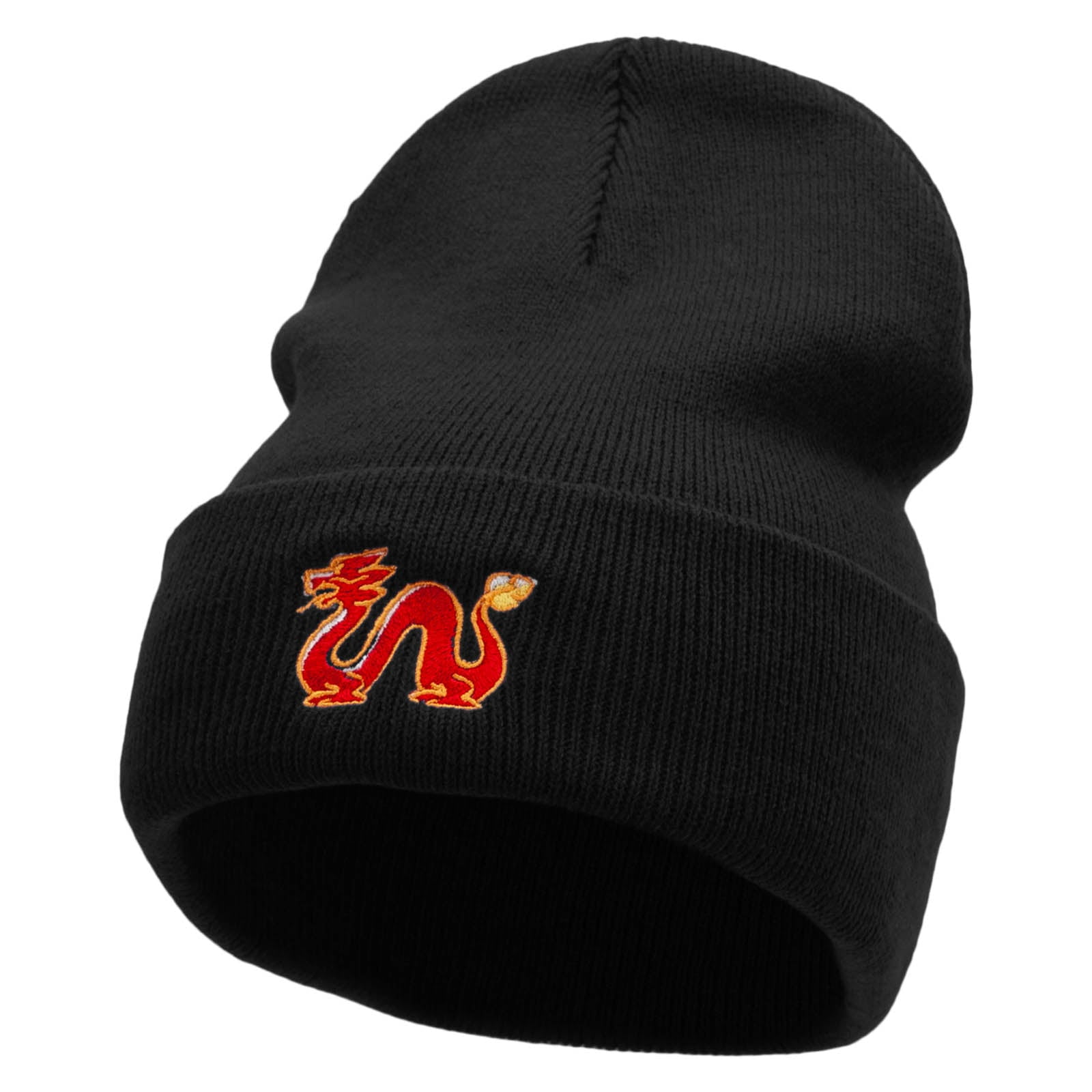 Chinese Dragon Embroidered 12 Inch Long Knitted Beanie - Black OSFM ...
