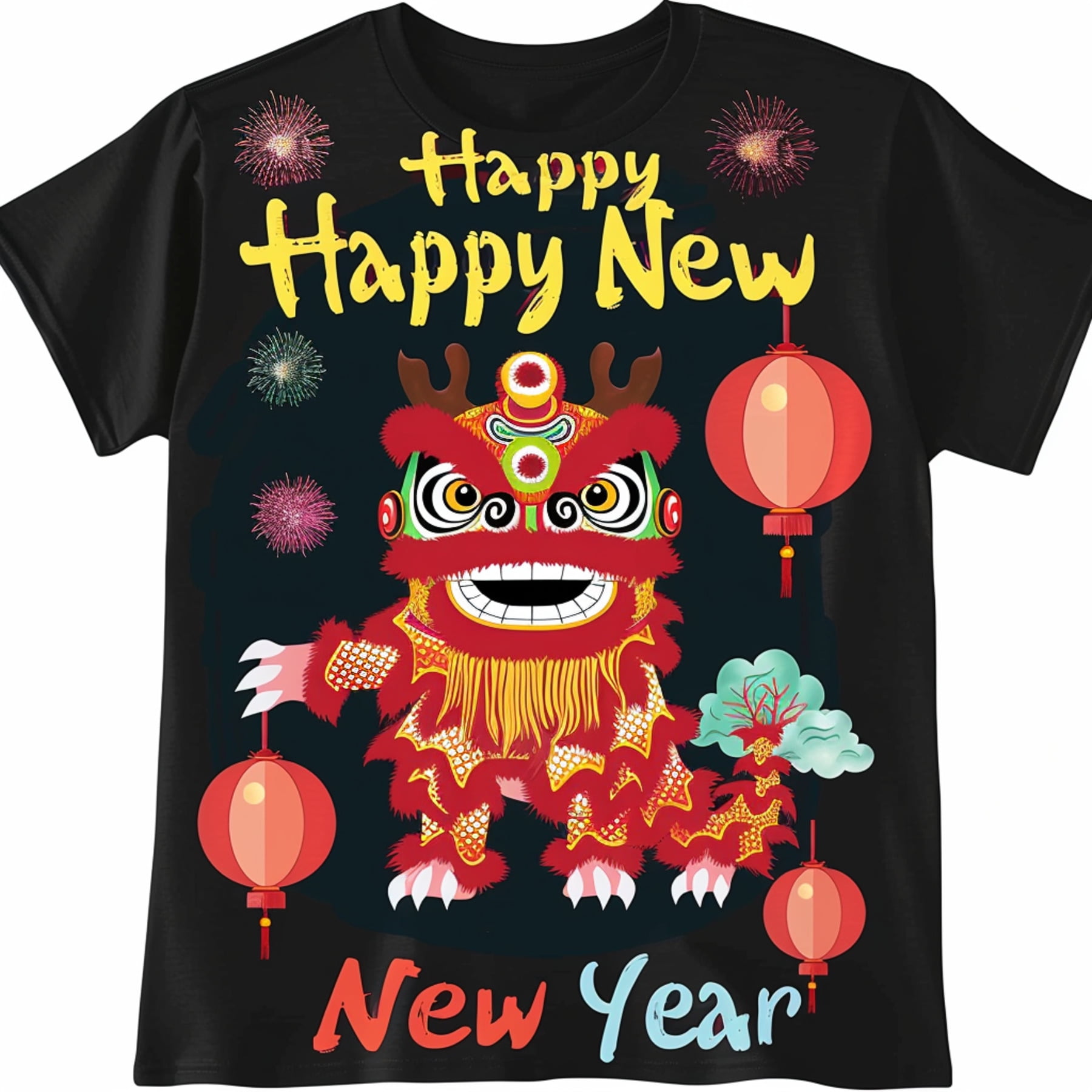 Chinese Dragon Happy New Year Kids T Shirt Red Black Gold Lion Dance ...