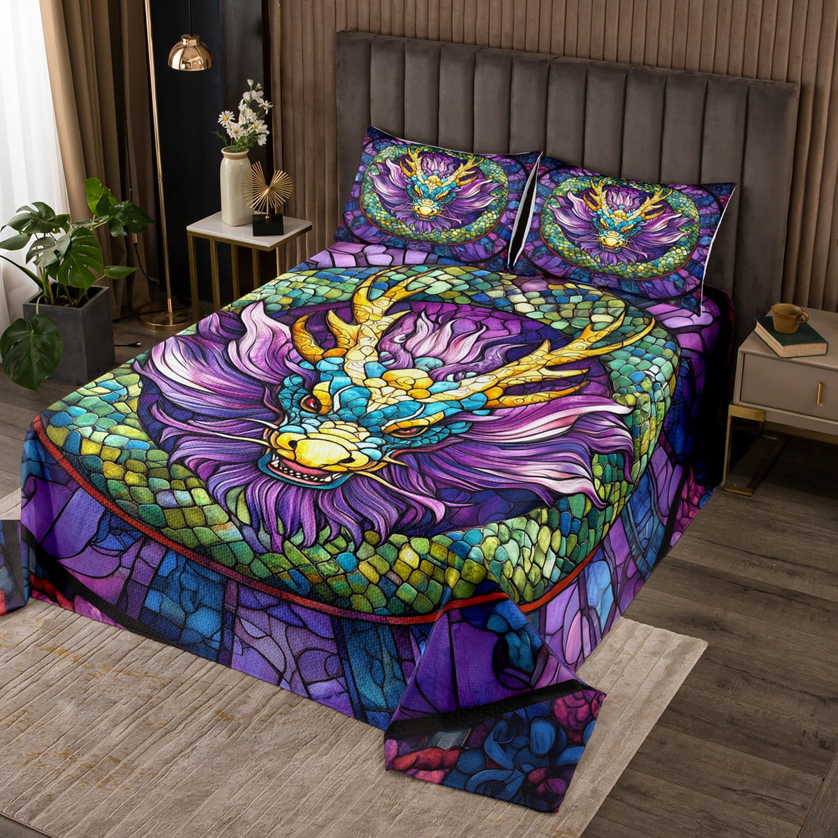 Chinese Dragon Bedspread Queen Size,Dragon Scale Western Animals Coverlet Set,Room Decor ...