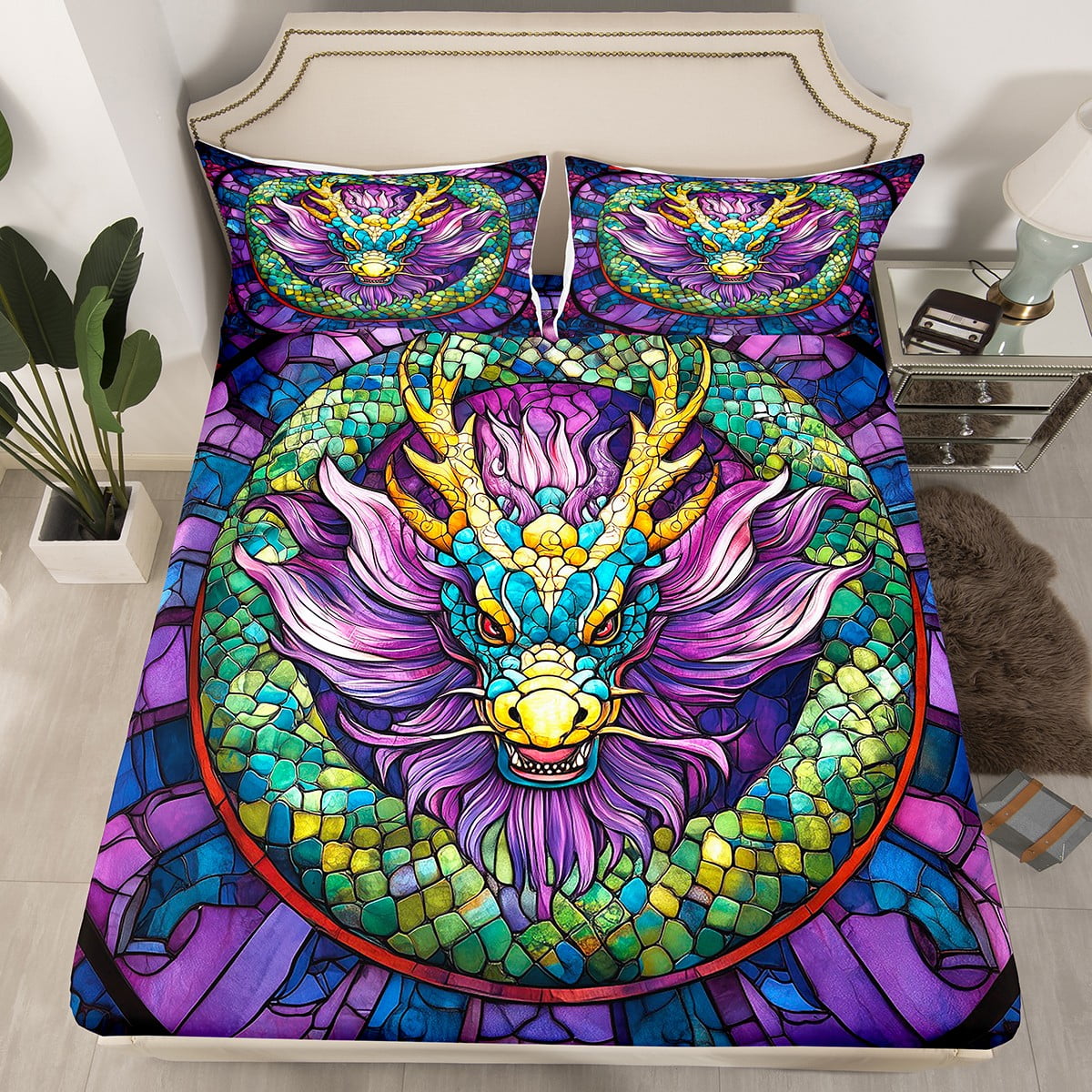 Chinese Dragon Fitted Sheet Queen Size,Dragon Scale Western Animals Bedding Set,Decor,Geometric ...