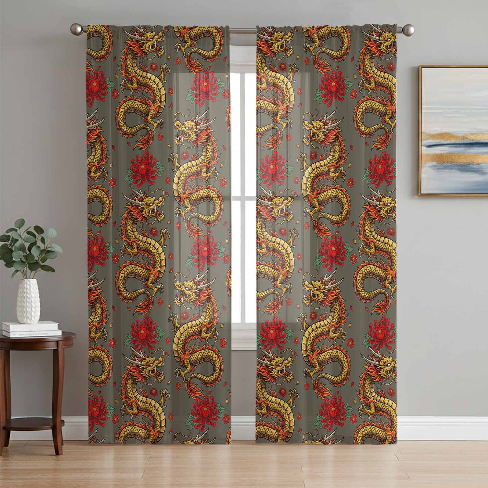 Chinese Dragon Sheer Curtains for Living Room Bedroom, Retro Red Flower ...
