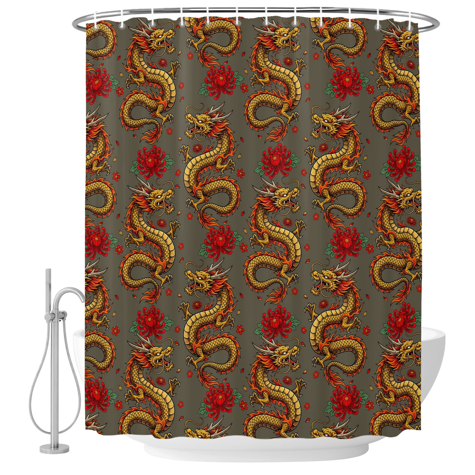 Chinese Dragon Shower Curtain for Bathroom, Retro Red Flower Abstract ...