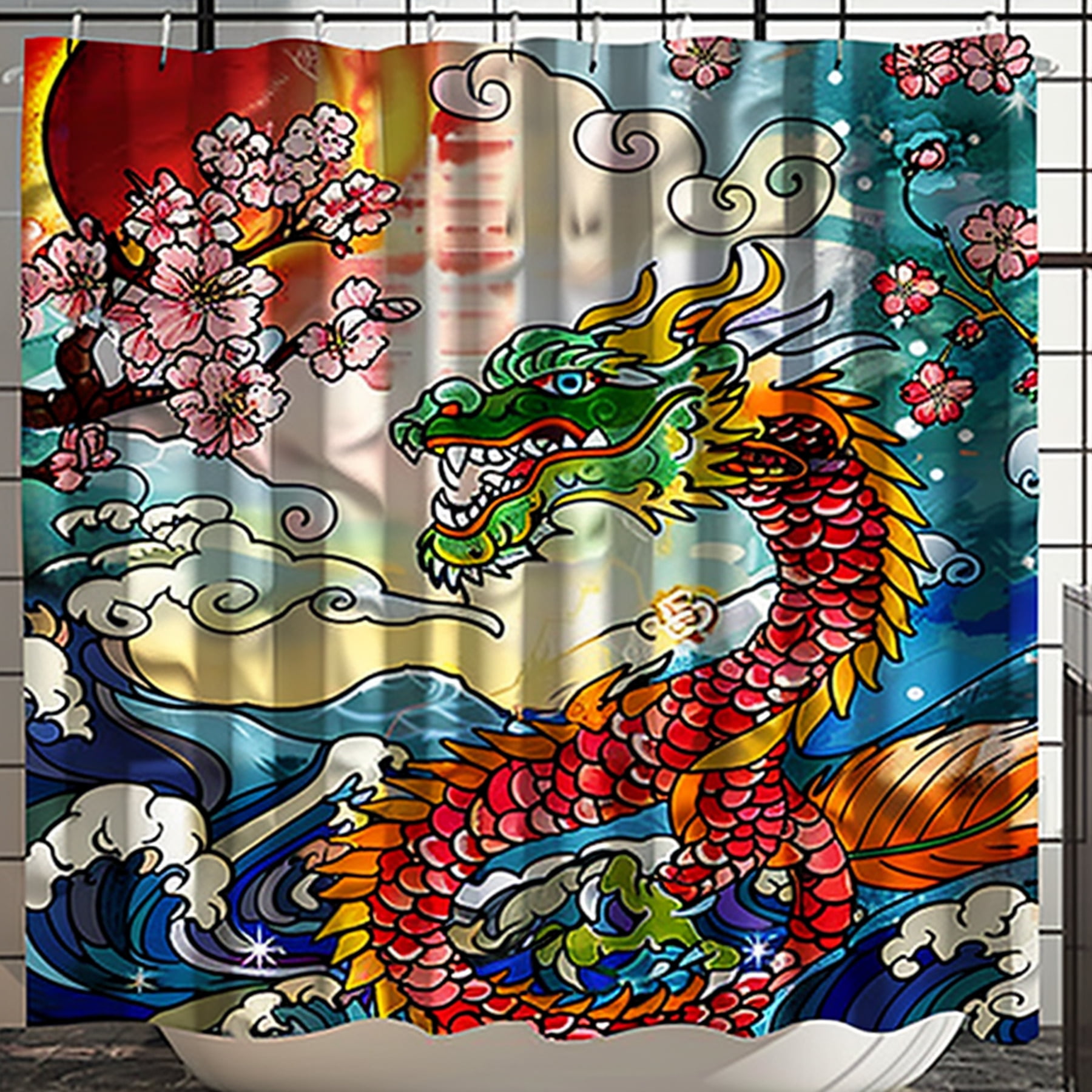 Chinese Dragon Stained Glass Shower Curtain: Vibrant Cherry Blossoms ...