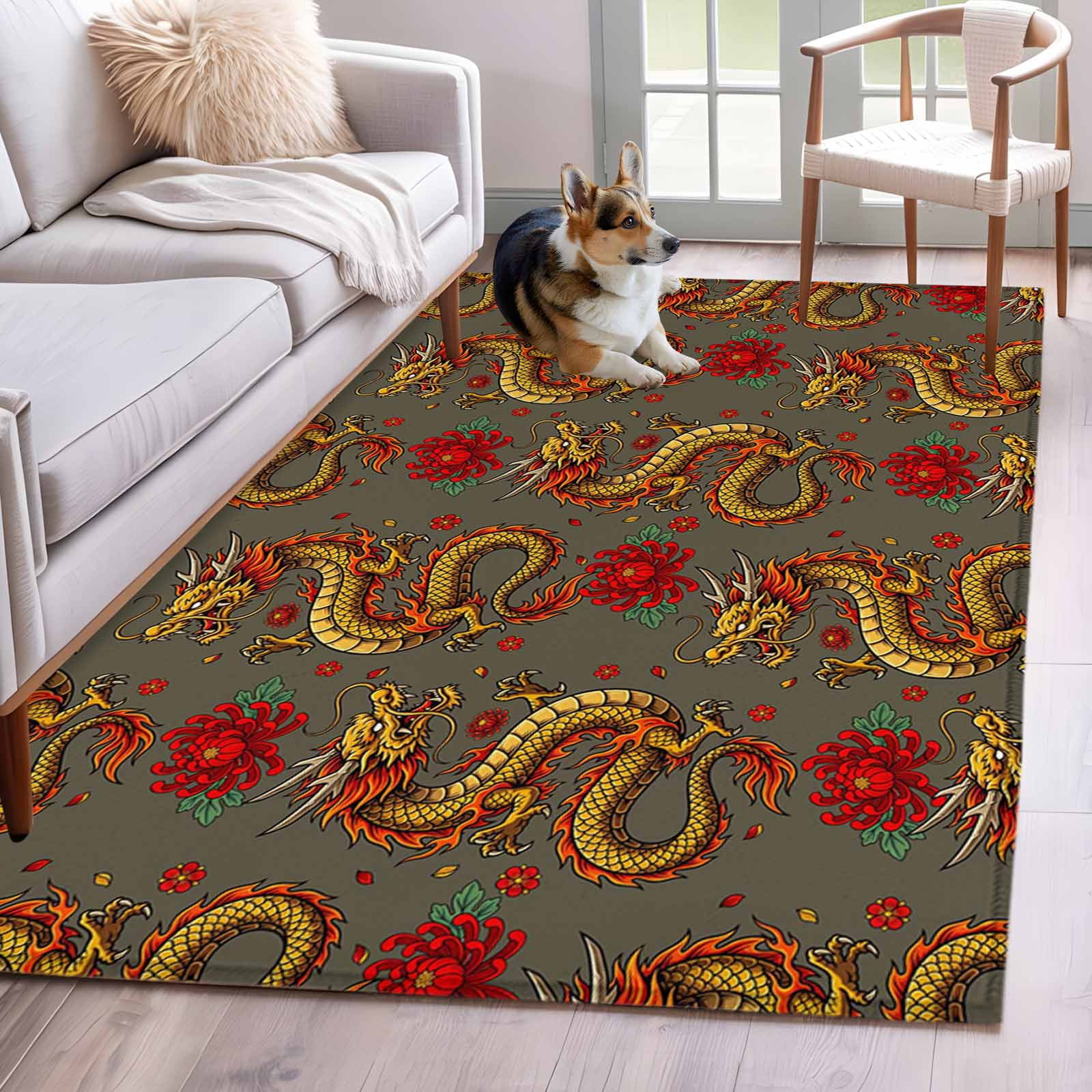 Chinese Dragon Washable Area Rug 3x5 Retro Red Flower Abstract Gray ...