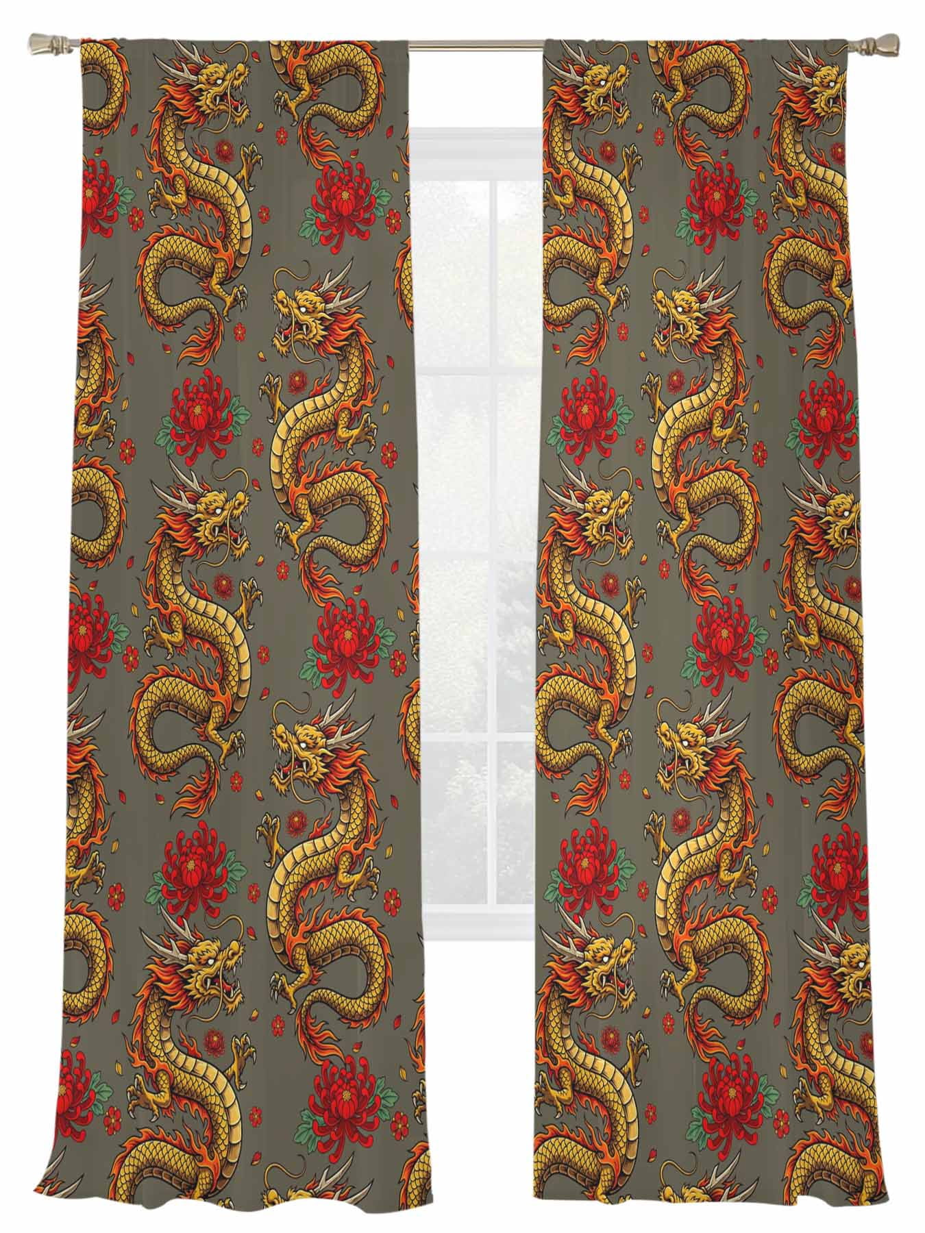 Chinese Dragon Window Sheer Curtain Retro Red Flower Abstract Gray ...
