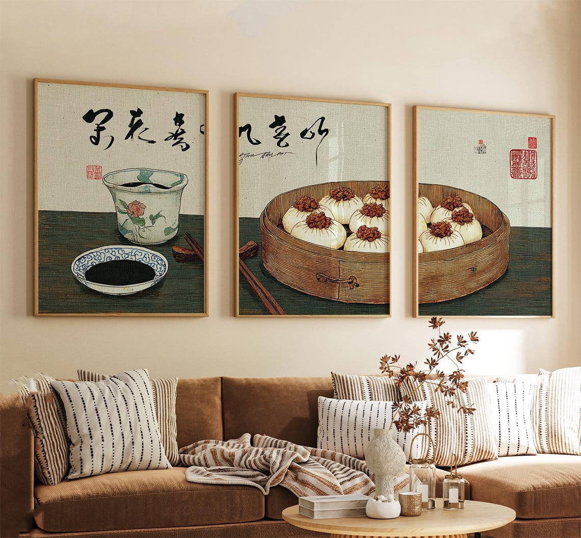 Chinese Dumpling Print Vintage Kitchen Wall Art Set 3 Unframed Paper ...