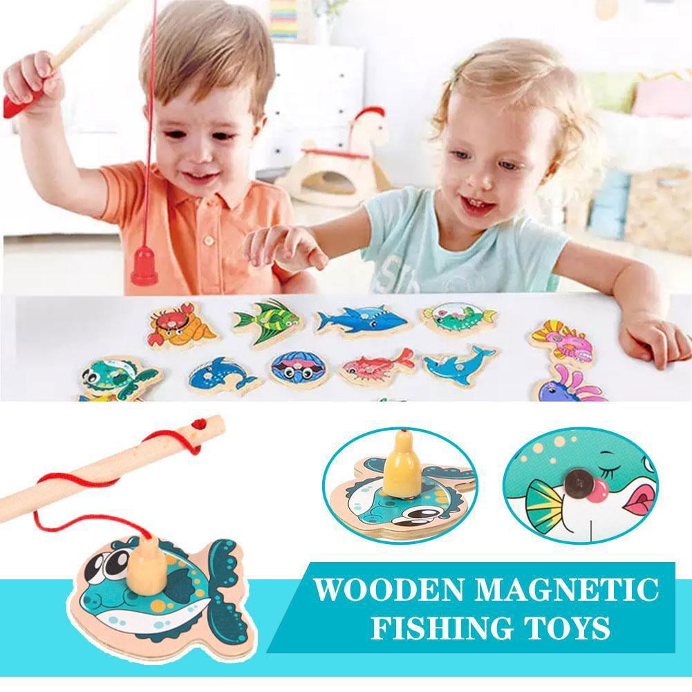 Chinese and English version 31 fish 2 fishing rods wooden magnetic fish ...