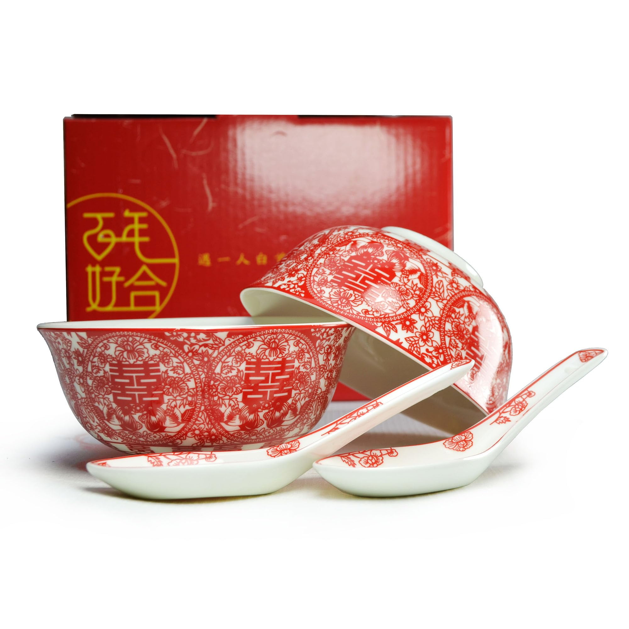 Chinese Festive Tableware Couple Bowl Spoon Porcelain Set (Paper-cut ...