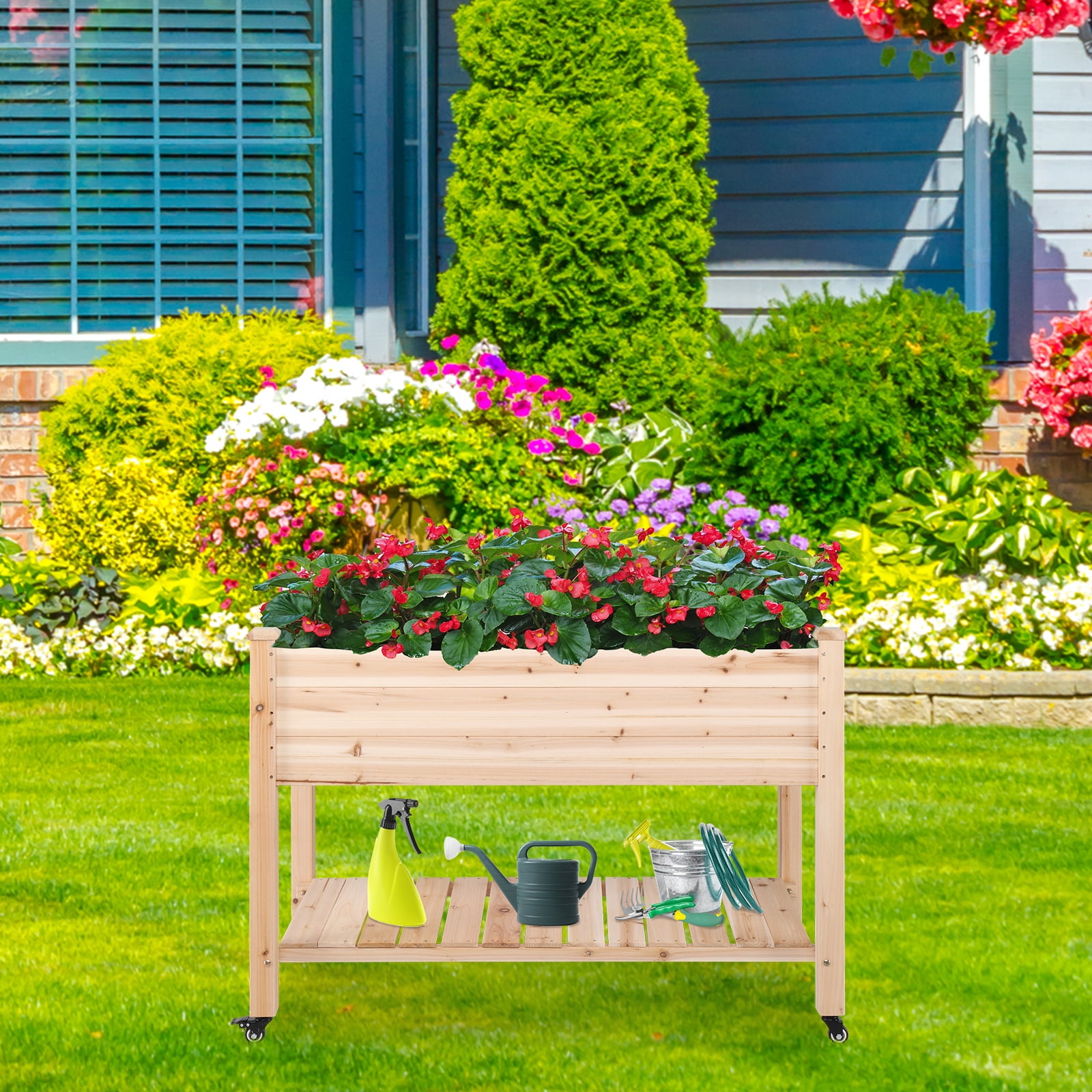 Chinese Fir High Foot Planting Frame with Wheels - Log Color, 116 * 57 ...