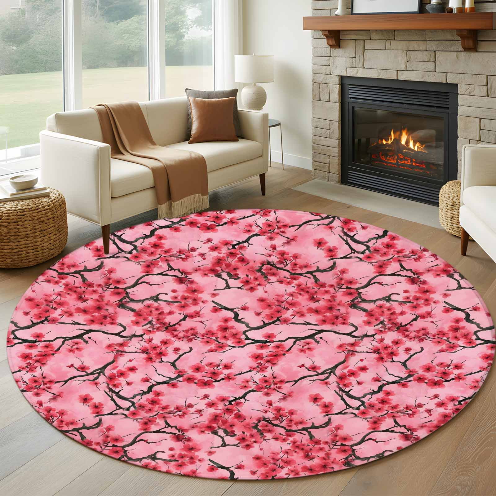 Chinese Flowers Round Area Rug 7Ft Washable Circle Rugs for Dorm ...