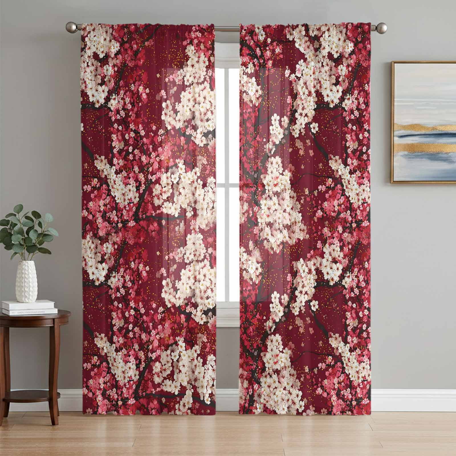 Chinese Flowers Sheer Curtains 96 Inch Length 2 Panels Set Window ...