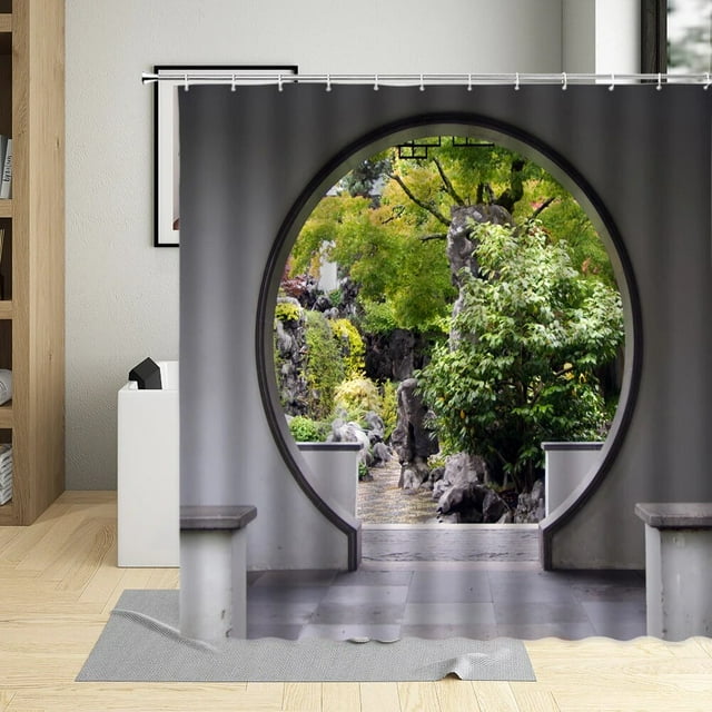 Chinese Garden Shower Curtain Asian Traditional Architectural Landscape